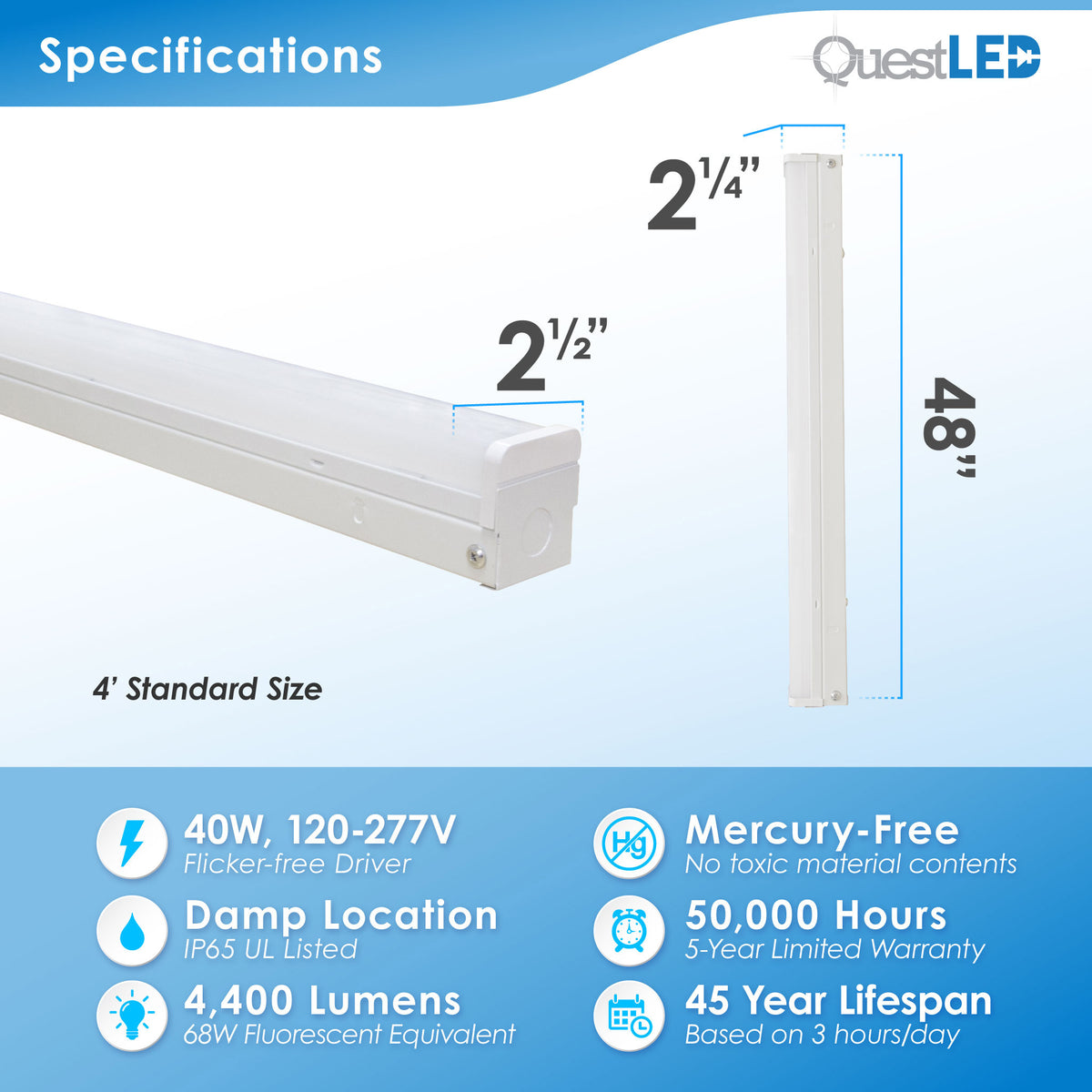 LED 4 FT Strip Light Fixture - Round Lens - Wattage Changeable: 20/30 ...