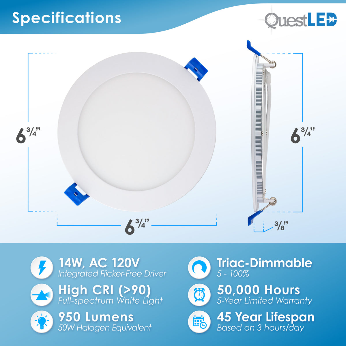 LED 6" Inch Round Slim Panel Downlight - 5 CCT 2700K, 3000K, 3500K, 40 ...