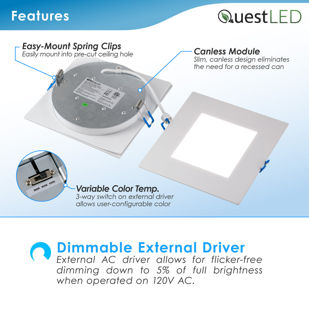 LED 6" Inch Square Wafer Downlight - 14W 1050 Lumens - 3 & 5 CCT: 2700 ...