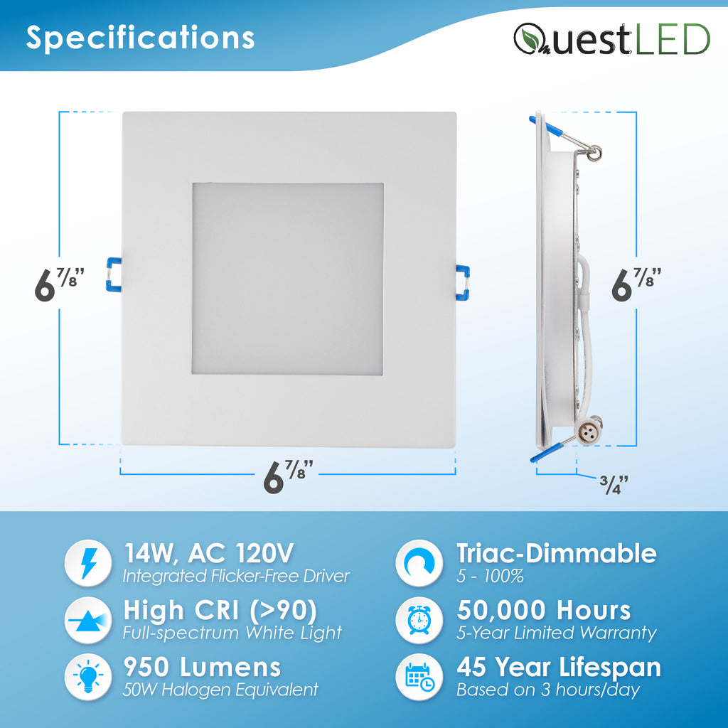 LED 6" Inch Square Wafer Downlight - 14W 1050 Lumens - 3 & 5 CCT: 2700 ...
