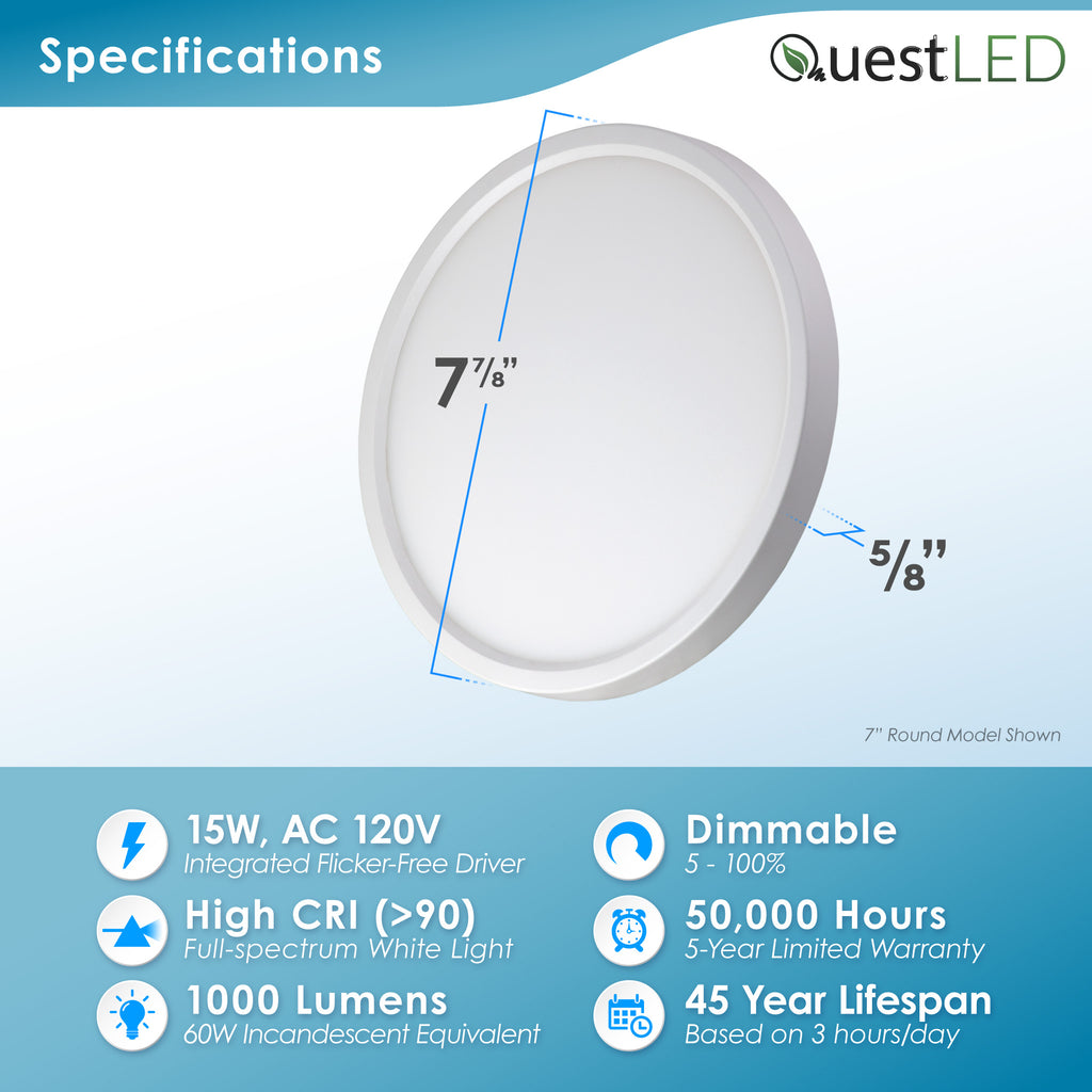 LED 7" Inch 15W Flush Mount Fixture - 5CCT: 2700K, 3000K, 3500K, 4000K ...
