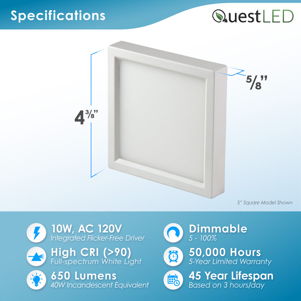 LED Square 5" Inch Flush Mount Surface Mount Fixture - 10W 650 Lumens ...